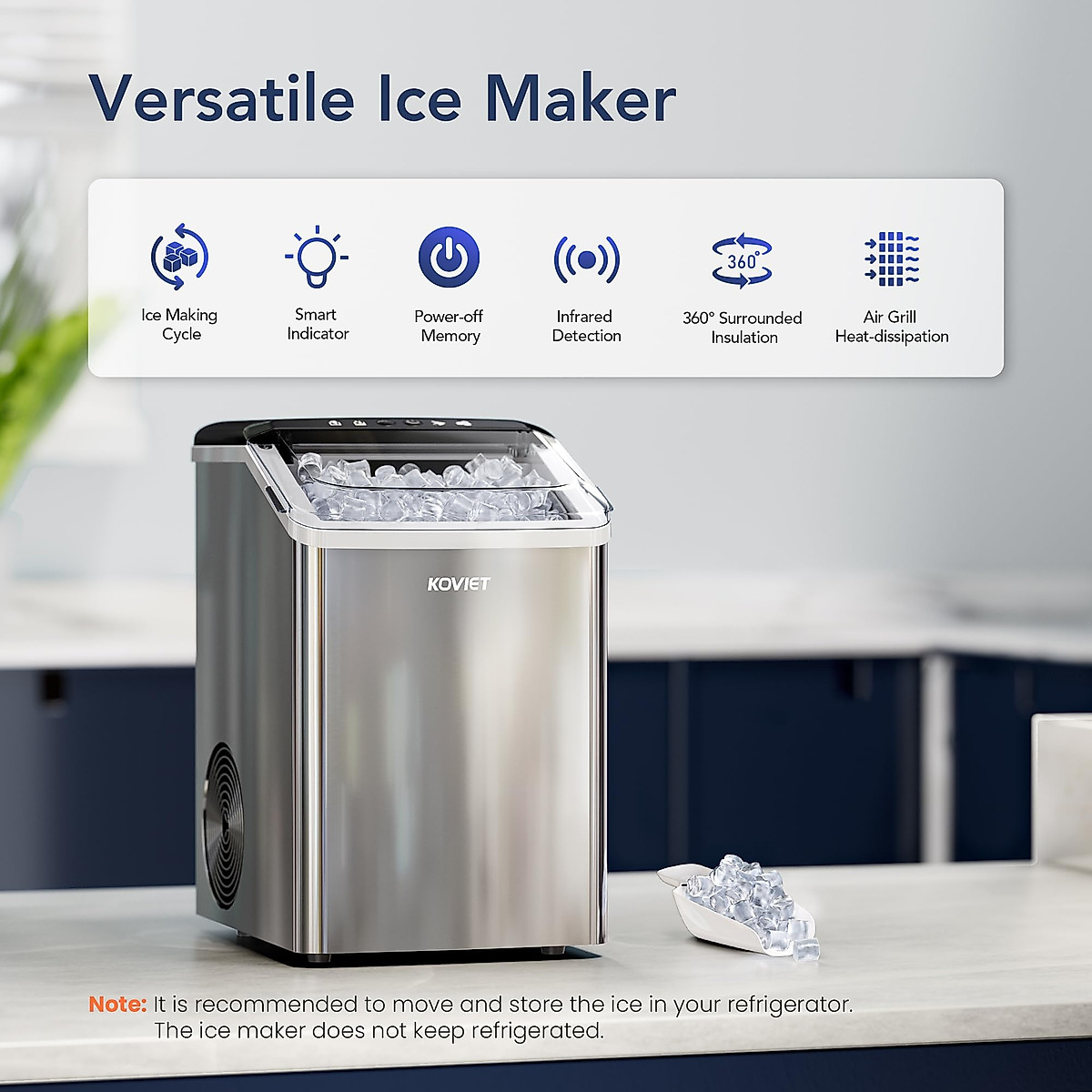 KOVIET Nugget Ice Makers Countertop, Soft Pebble Ice Machine, Chewable Crushed Pellet Ice 42lbs/Day, Self-Cleaning Drainpipe Ice Maker for Party, Home, Kitchen, Bar, Office, Silver Gray