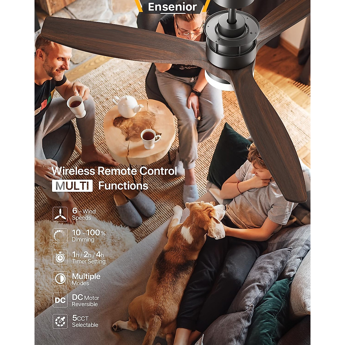 Ensenior 52’’ Wood Ceiling Fan with Light and Remote Control, Reversible and Silent DC motor, Modern Ceiling Fan with Remote for Bedroom, Living Room, 5CCT selectable LED Light, Black (335)