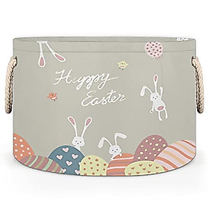 Happy Easter Egg And Rabbit Large Round Baskets for Storage Laundry Baskets with Handles Blanket Storage Basket for Bathroom Shelves Bins for Organizing Nursery Hamper Girl Boy