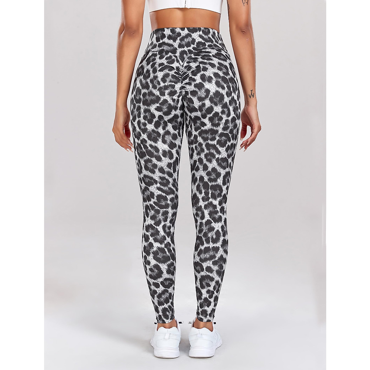 FITTOO Women's Print Ruched Booty Leggings Butt Lifting Yoga Pants Black M