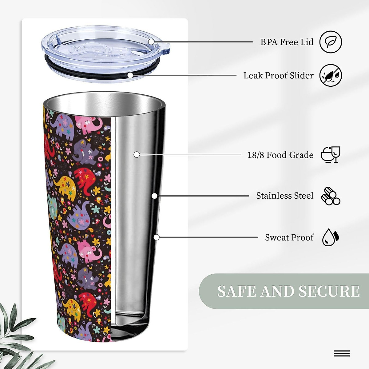Yaxongx 20oz Tumbler Cute Bird Elephant Double Wall Vacuum Insulated Coffee Mug with Lid and Metal Straw Brush Reusable Stainless Steel Water Bottle Travel Cup Gifts for Car Ice Drinks Hot Beverage