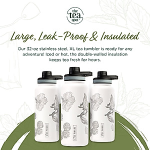 The Tea Spot Himalayan Tea Tumbler - Travel Bottle with Tea Infuser for Loose Leaf Tea or Iced Coffee - 32oz, White-Etched - Double-Walled Insulated Bottle - Keeps Drinks Hot & Cold for Hours