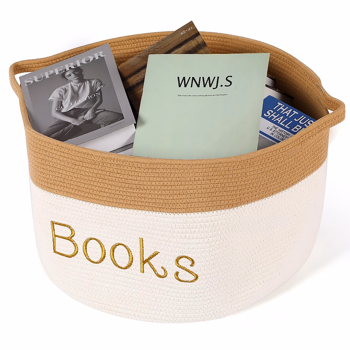 Dandat Cotton Rope Book Storage Basket Embroidered Book Bin 21.7 x 21.7 x 13.8 Inch Large Book Basket with Handles Book Tote Organizer for Nursery, Playroom, Living Room, Classroom