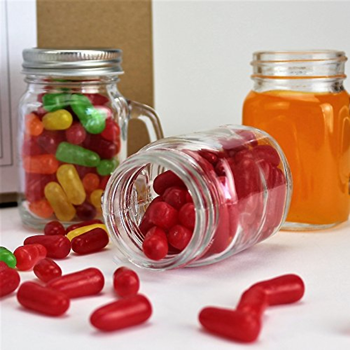 Mini Mason Jar 4 Ounce Mugs (Not Full Size) - Set of 12 Miniature Glasses With Handles And Leak-Proof Lids - Great For Gifts, Drinks, Favors, Candles And Crafts