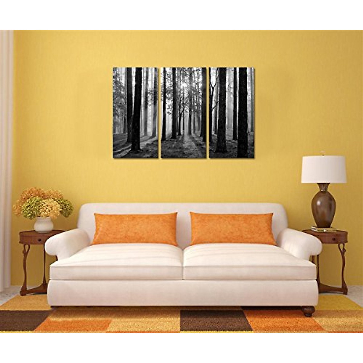 Visual Art Decor 3 Pieces Black and White Sunshine Foggy Forest Trees Canvas Prints Living Room Home Wall Decoration