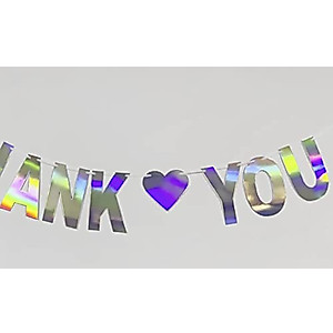 Blukey Holographic Thank You Banner Hanging Bunting String Flag Iridescent White Thanksgiving Banners and Signs