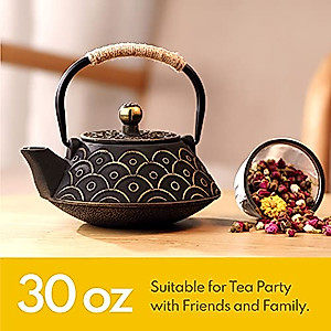 VUDECO 30oz Gold Black Japanese Cast Iron Teapot Kettle Set Loose Leaf Tea Pot For Loose Tea Cast Iron Kettle with Tea Infuser Japanese Tea Set Cast Iron Tea Kettle Japanese Tea Pot Wood Stove