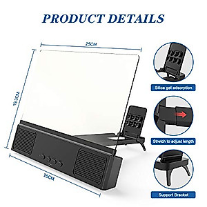 12" Phone Screen Magnifier with Bluetooth Speakers - 3D HD Magnifying Projector Screen Enlarger for Movies, Videos, Games - Foldable Cell Phone Stand with Screen Amplifier - Supports All Smartphones