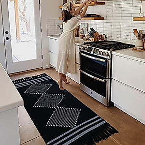 Boho Kitchen Rug Runner 2.3'x5.3' Bathroom Rugs with Tassels,Black Moroccan Farmhouse Cotton Bath Mat Woven Chic Cute Throw Sink Rug Washable for Hallway Bedroom Living Room Indoor Outdoor Decor