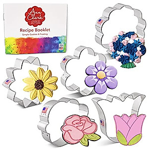 Ann Clark Cookie Cutters 5-Piece Summer Flowers Cookie Cutter Set with Recipe Booklet, Rose, Sunflower, Tulip, Flower Bouquet