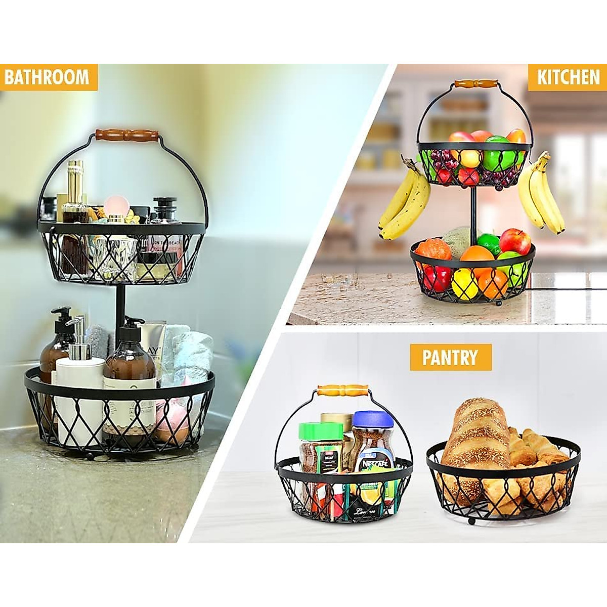 2 Tier Fruit basket for kitchen countertop with 4 banana hangers, Detachable, Large Capacity & Thick Wire construction, Fruit and vegetable bowl, fruit and vegetable storage, snacks, bread and more.