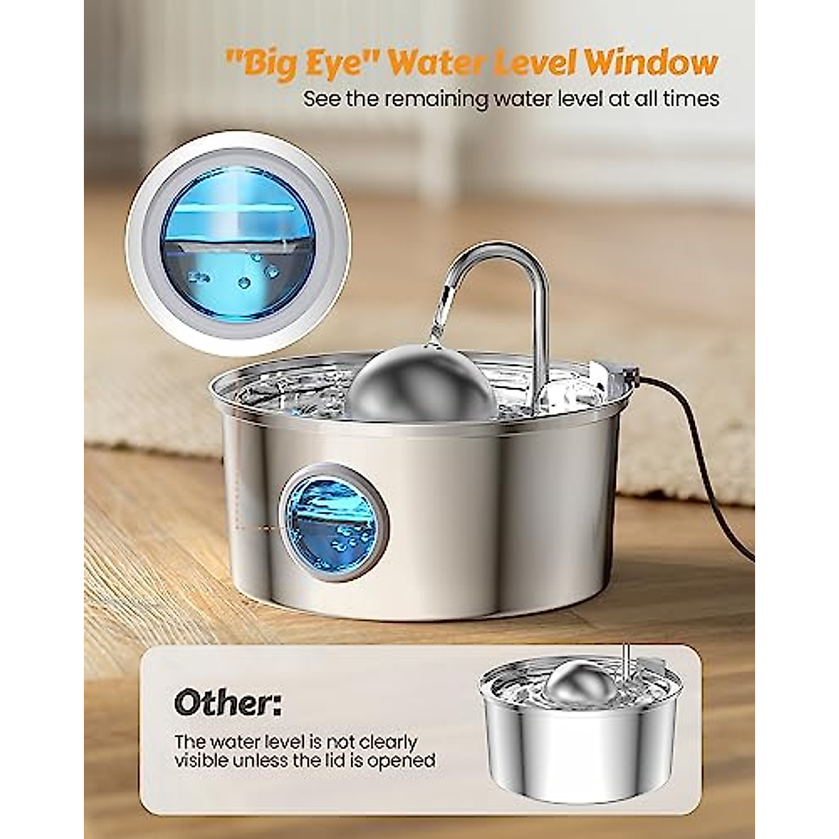 Cat Water Fountain Stainless Steel, AONBOY 108oz/3.2L Cat Fountain, Dog Water Fountain with Water Level Window, Hemispherical Shape, Multi-Filter, Silent Pump, Water Tap, Provides Flowing Water