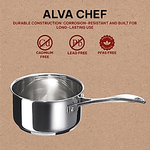 Alva Chef Stainless Steel Saucepan Non Toxic Cookware Induction Compatible 2 Qt PFAS, PFOA & PFTE Free, for Cooking Pan Set, Induction Safe, Add to Your Pots and Pans Set Cookware