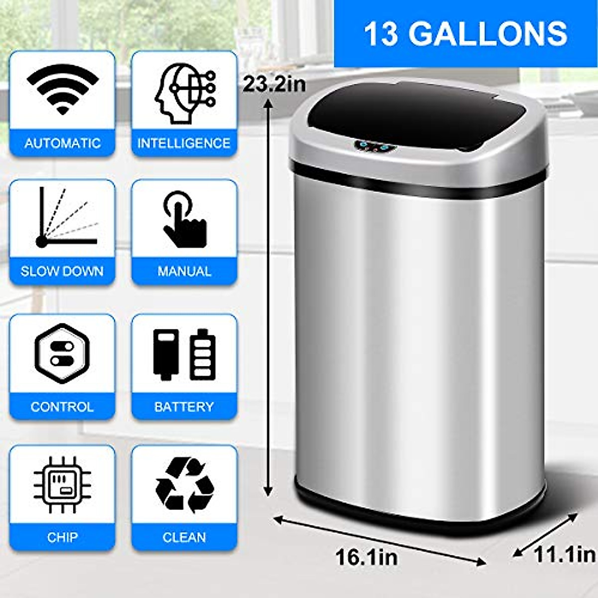 Kitchen Trash Can Stainless Steel Garbage Trash Can 13 Gallon / 50L Automatic Touch Free High-Capacity Garbage Can with Lid Home Bathroom Office Restroom Brushed Large Dustbin,Silver