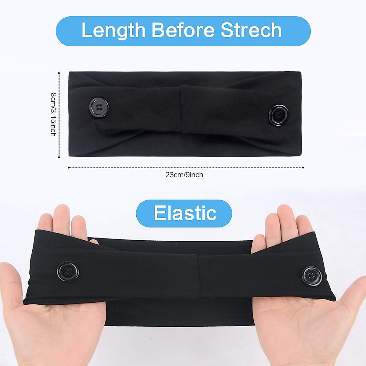 SUNLAND Headband with Buttons for Face Masks and Covers Unisex Elastic Hair Band for Ears Protection Bandannas for Head Wraps 3 Pack Black