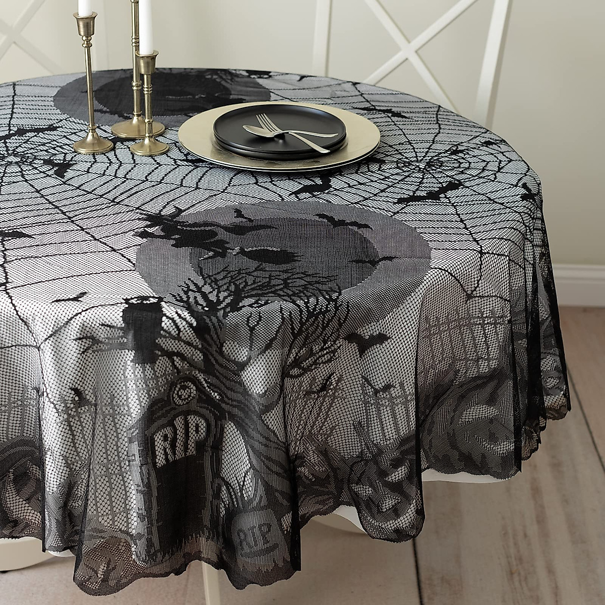 Benson Mills Spooky Spirits Web Lace Fabric Halloween Tablecloth, Halloween Table Cloth (Black, 70" Round)