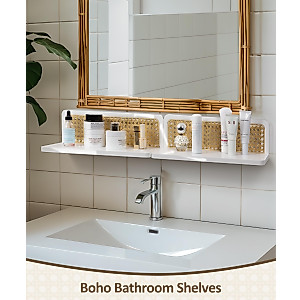 Maxpeuvon Rattan Floating Shelves, Boho Cane Webbing Wall Shelves Farmhouse Display Storage Organizer White Bookshelves Wicker Room Decor for Living Room Bedroom Entryway Hallway Bathroom, Set of 2