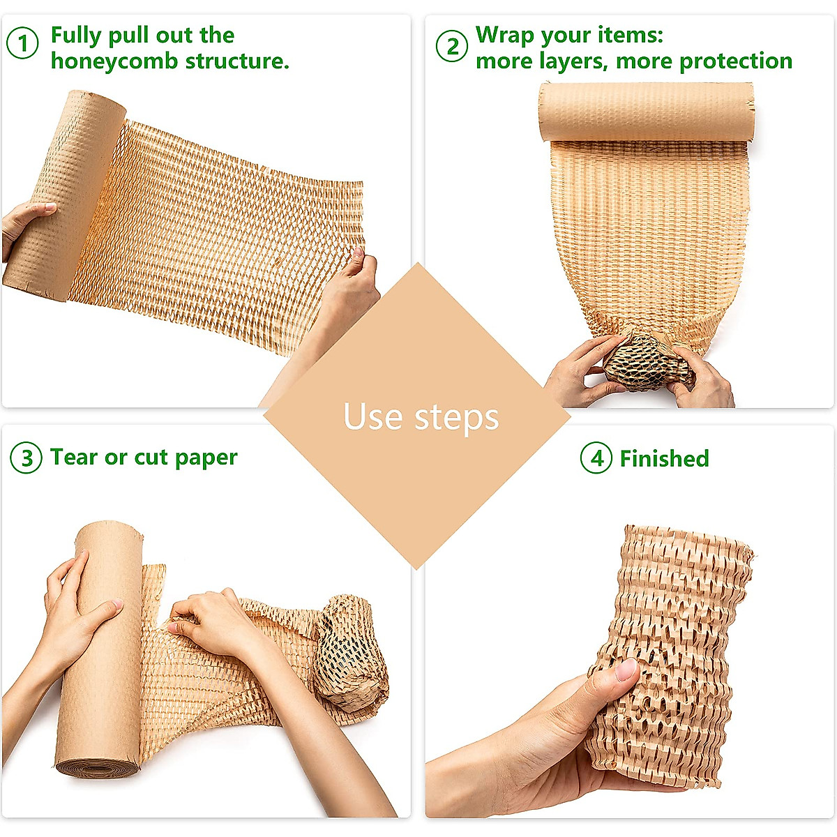 Wowxyz Honeycomb Packing Paper Wrap 12"x105' Recycled Cushion Wrapping Roll Eco Friendly Shipping Moving Green Wrap with 10 Fragile Sticker Labels - Protective Kraft Packaging Suppliers Brown