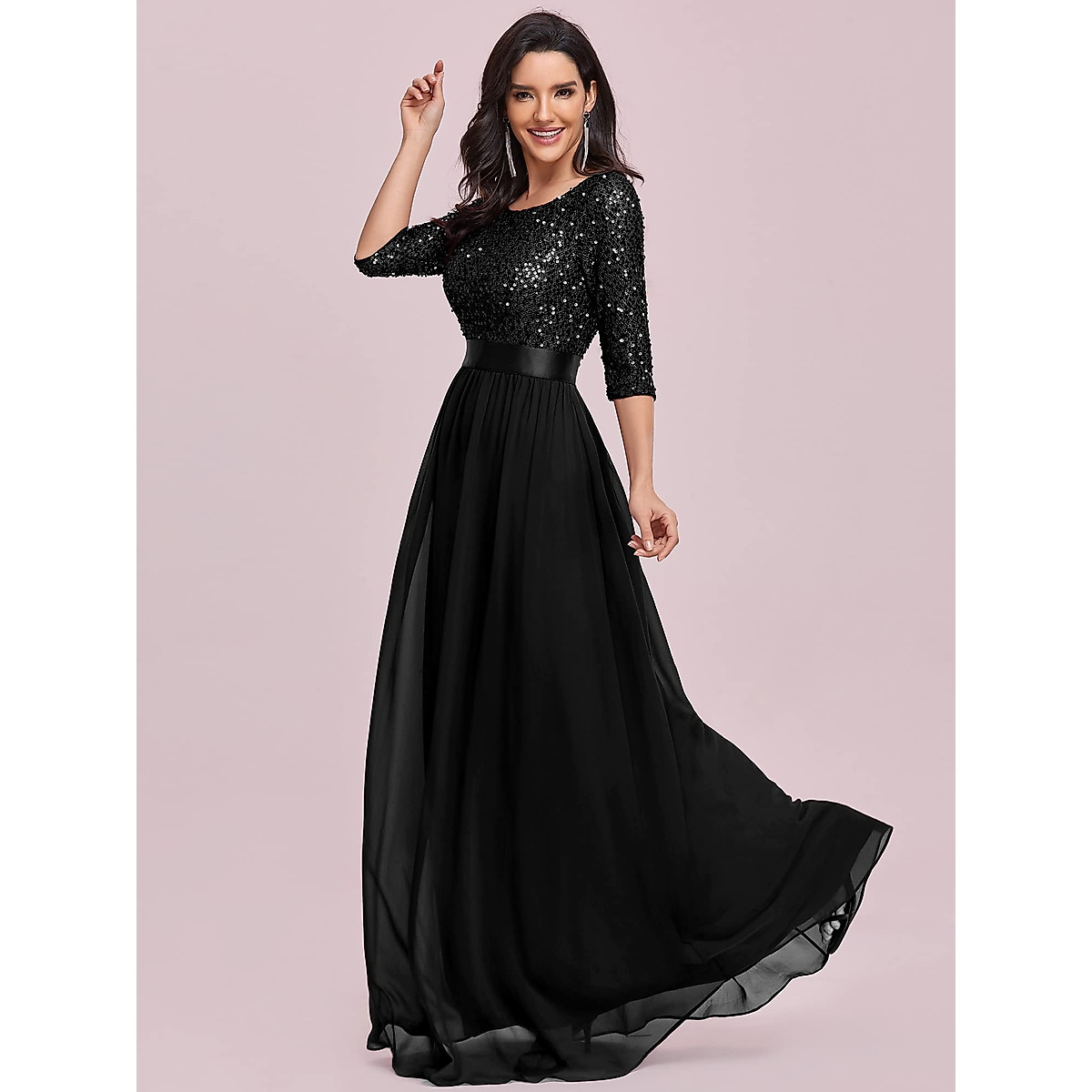 Ever-Pretty Women's Elegant A Line Crew Neck Half Sleeve Sequin Maxi Evening Dress Black US10