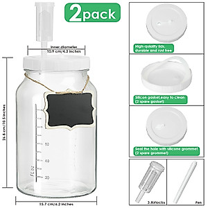 2 Pack 1 Gallon Large Fermentation Jars with 3 Airlocks and 2 SCREW Lids(100% Airtight Heavy Duty Lid w Silicone) - Wide Mouth Glass Jars w Scale Mark - Pickle Jars for Sauerkraut, Sourdough Starter
