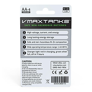 VMAX AA-4CH Ni-Zn Rechargeable AA 4 Pack Batteries for High Drain Devices + Charger 1.6V 2500mWh + Storage Case (1 Pack of (4))