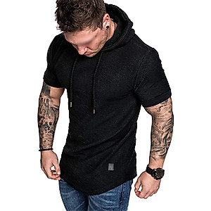 Maiyifu-GJ Men's Short Sleeve Athletic Hoodie Lightweight Workout Hooded T-Shirts Solid Color Slim Fit Pullover Sweatshirt (Black,Medium)
