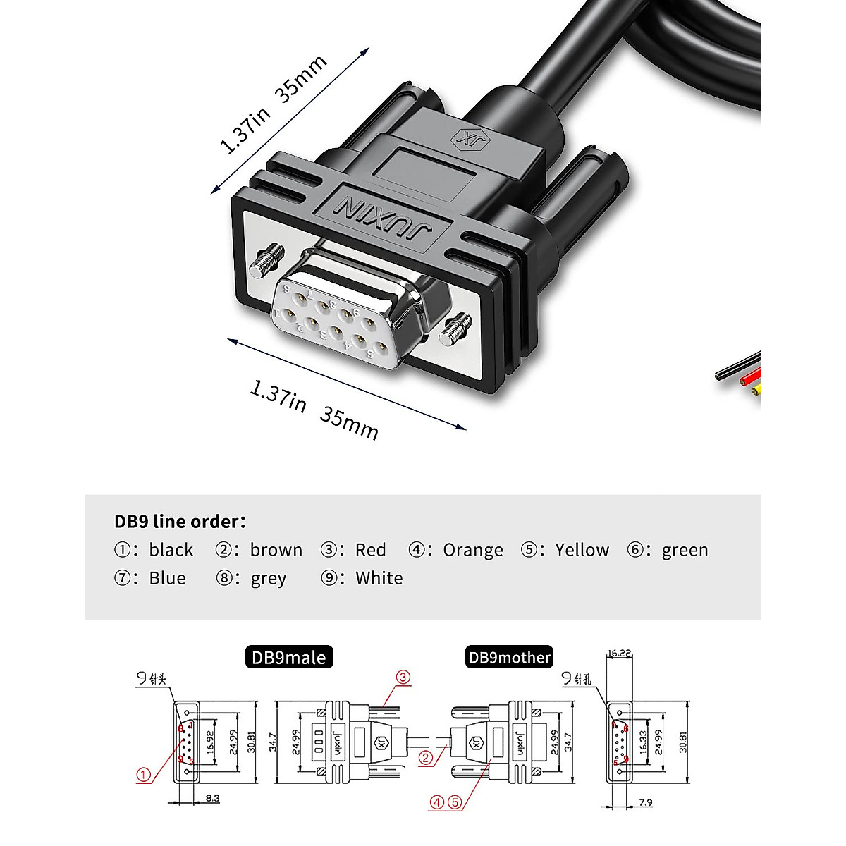 JUXINICE DB9 Extension Cable 9 PIN Female Connector to Bare Wire D-SUB 9-Pin RS232 Serial Cable with Bare Wire End Cable (DB9 Female, 3FT)