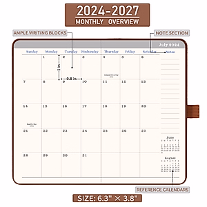 2024-2027 Monthly Pocket Planner - 3 Year Pocket Calendar, Faux Leather Cover, Jul 2024 - Jun 2027, 3.8" × 6.3", Pen Holder, 2 Bookmarks, Back Pocket