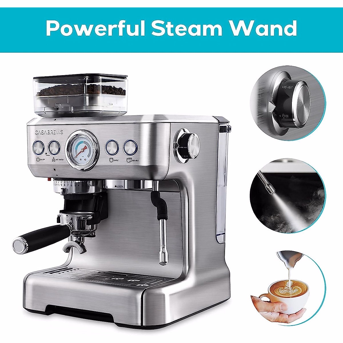 CASABREWS Espresso Machine With Grinder, Professional Espresso Maker With Milk Frother Steam Wand, Barista Espresso Coffee Machine With Removable Water Tank, Used