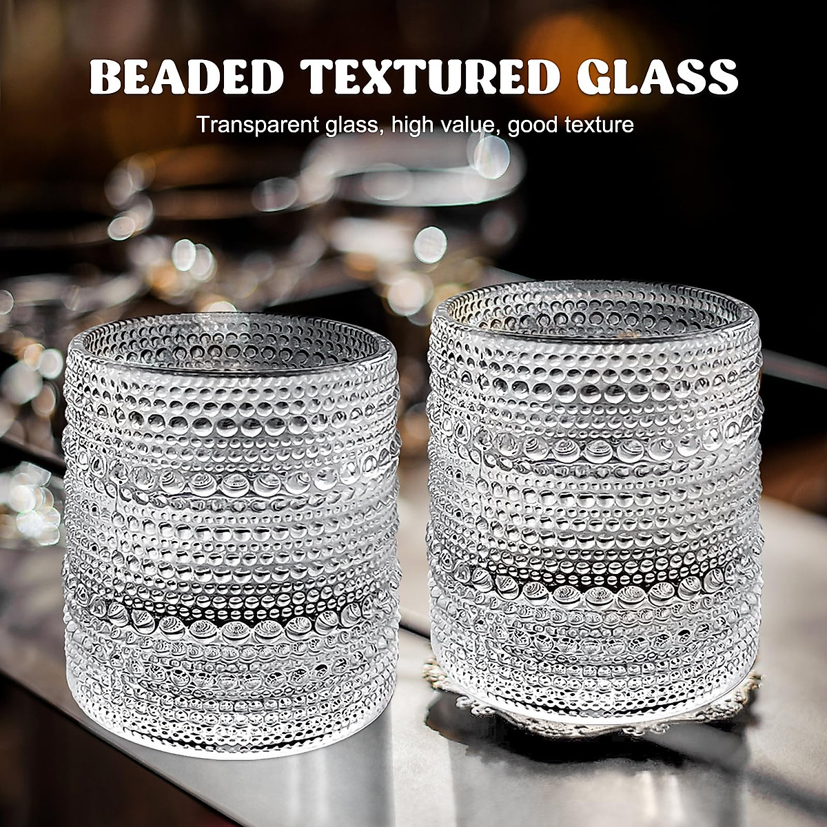 UPZAI 12oz Vintage Drinking Glasses Set of 4, Kitchen Glassware Old Fashioned Glass Cups, Aesthetic Water Cups for Beside Beverage Juice Coffee Beer Cocktail Whiskey (Clear)