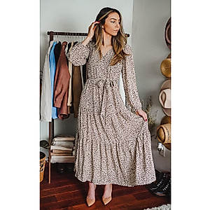 PRETTYGARDEN Womens Fall Long Sleeve Wrap V Neck Ruffle Floral Maxi Dress Casual Tie Waist Boho Chiffon Flowy Long Dresses(Apricot,Medium)