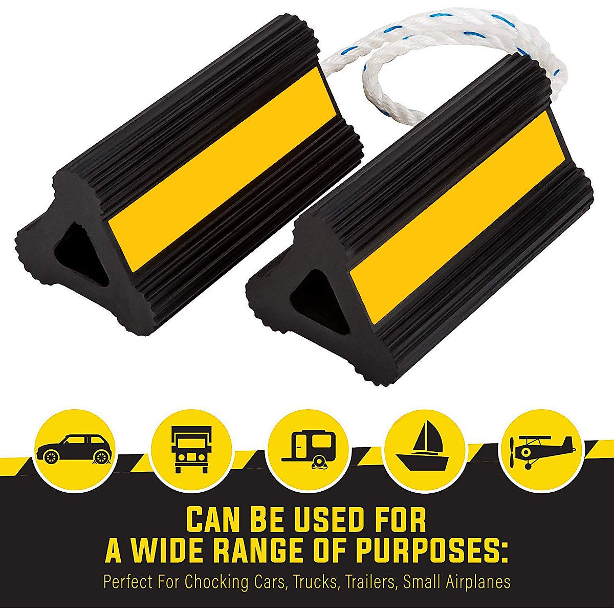 Jade Active Premium Rubber Wheel Chocks - Car and RV Rubber Block - Long Connecting Rope - Heavy Duty Car Wheel Stoppers Chock - Extremely Durable - for Cars, Boats, Trucks, Aircraft, RVs (1 Pair)