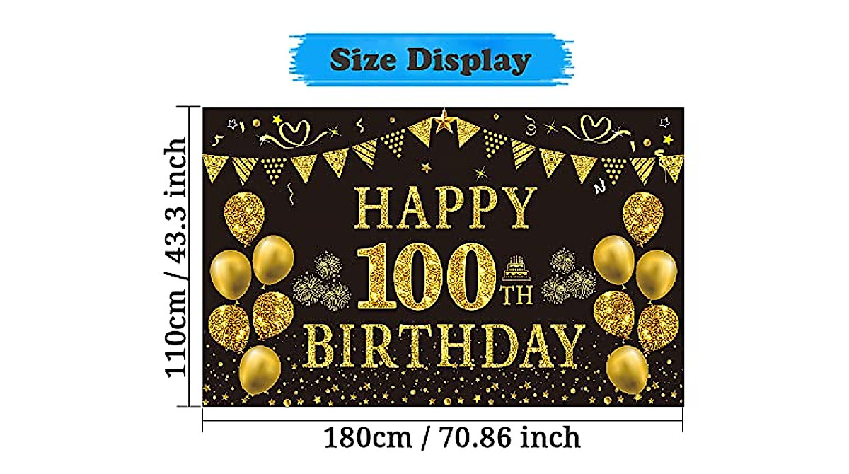 Trgowaul 100th Birthday Backdrop Banner - Black & Gold Celebration