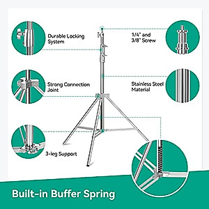 Heavy Duty Light Stand Photography: Stainless Steel - Takerers 9.2ft/110inch Adjustable Tripod stands with Spring Cushioned, 1/4" to 3/8" Universal Screw, Carry Bag for Softbox, Strobe(Max Load: 22lb)