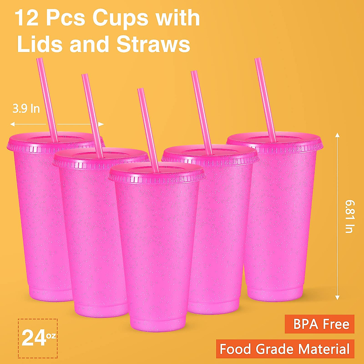 Amyhill 12 Pcs Reusable Cups with Lids and Straws 24 oz Plastic Tumbler Iced Coffee Cup Travel Mug for Smoothie Juices Birthdays Sleepover Party Supplies for Girls(Hot Pink, Shiny Color, 12 Pcs)