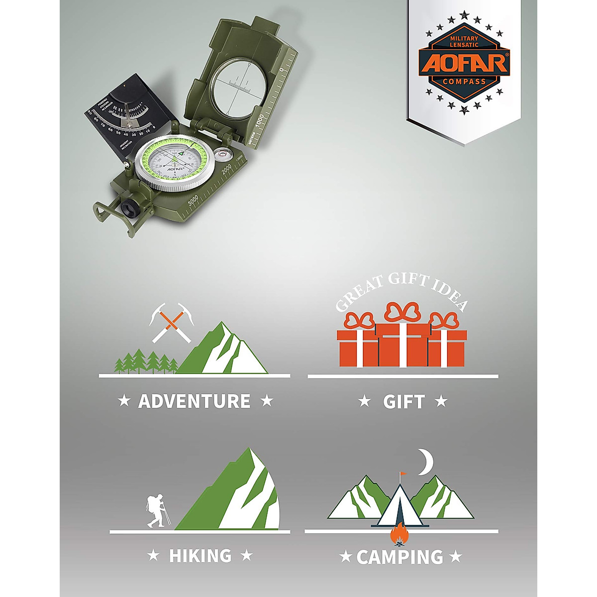 AOFAR Military Compass AF-4074 Camo for Hiking,Lensatic Sighting Waterproof,Durable,Inclinometer for Camping,Boy Scount,Geology Activities Boating