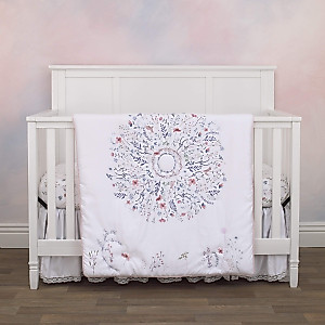 NoJo Woodland Wreath Pink, White, Blue Floral 4 Piece Nursery Crib Bedding Set- Comforter, 100% Cotton Crib Sheet, Dust Ruffle, Diaper Stacker