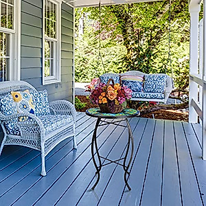 MUMTOP Outdoor Side Table - Small Mosaic Patio Table, Peacock 14” Round Accent End Coffee Table Glass Plant Stand for Garden Patio Living Room(Green)