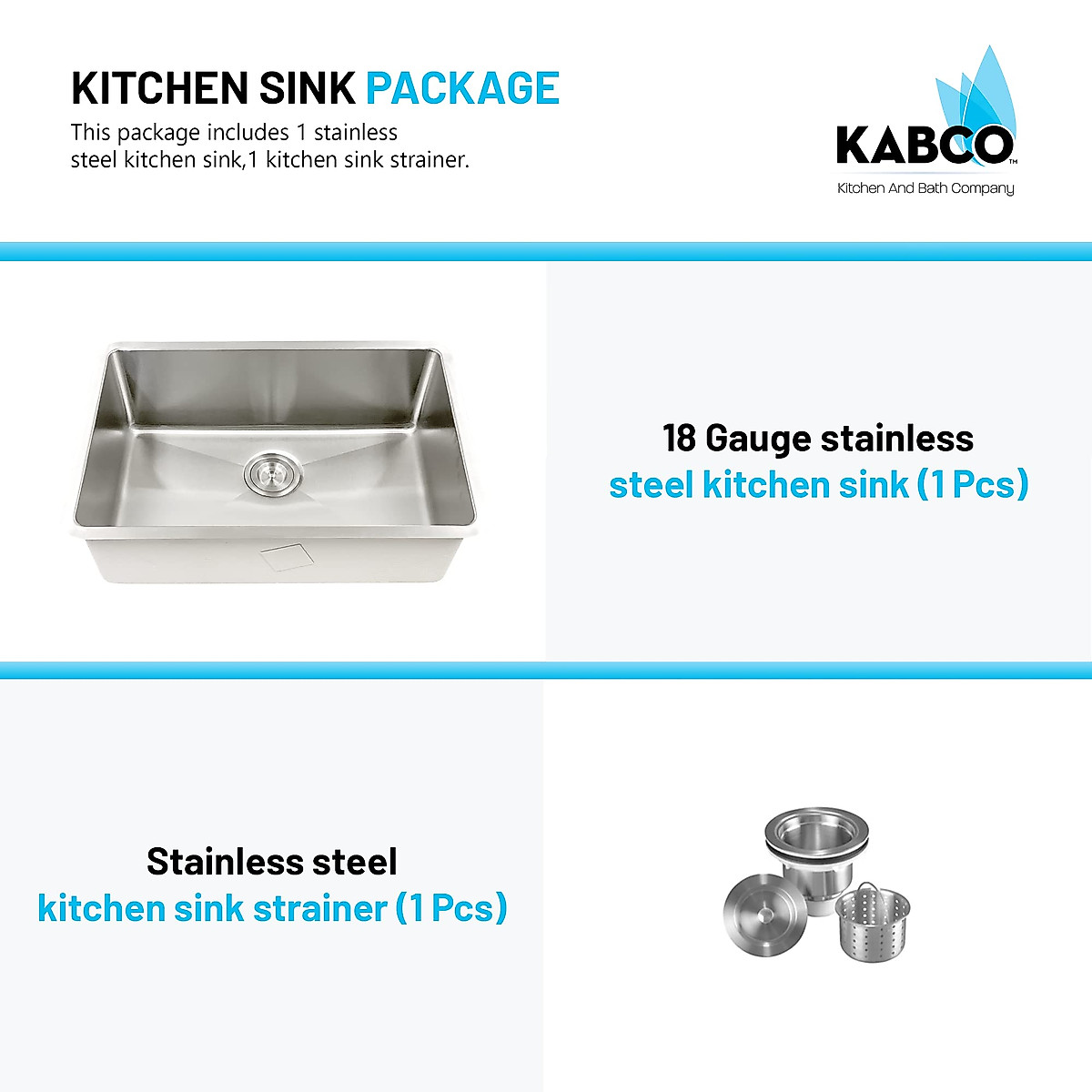 KABCO 18 Gauge 27 Inch Single Bowl Undermount Stainless Steel Kitchen Sink with 2 Pieces Sink Accessories, Rust Resistant Sound and Heatproof Laser Cut Tight Radius Sink for Indoor or Outdoor Kitchens
