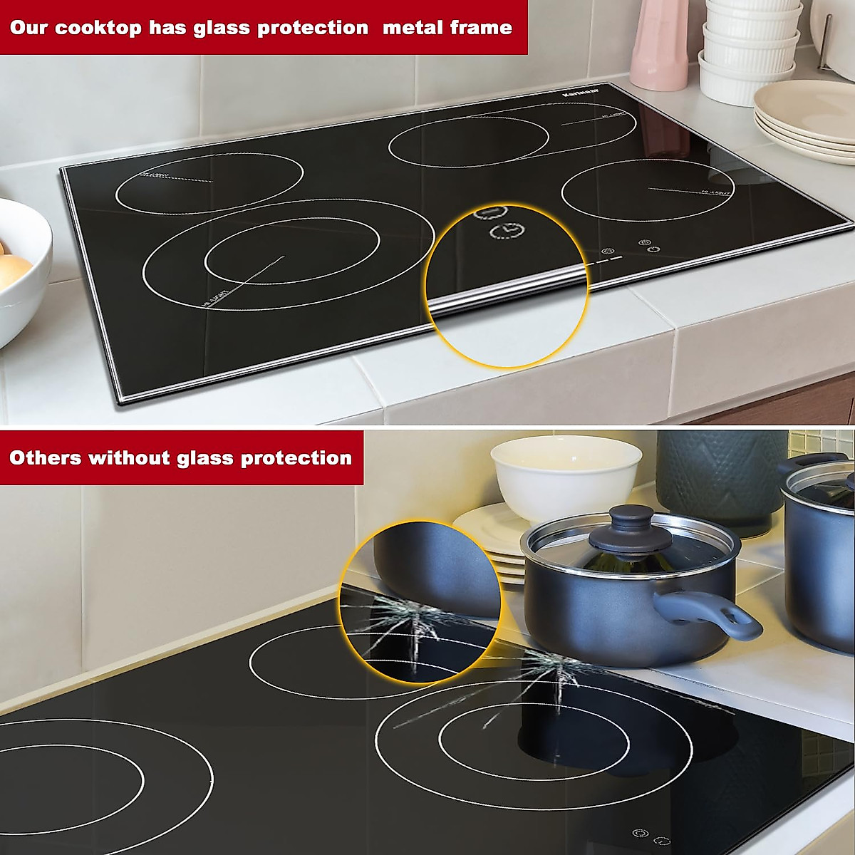 Karinear 4 Burners Electric Cooktop 24 Inch, 220-240v Built-in Electric Ceramic Cooktop with Glass Protection Metal Frame, Expandable Burners, Slider-Touch Control, Multi-function Elecric Stovetop