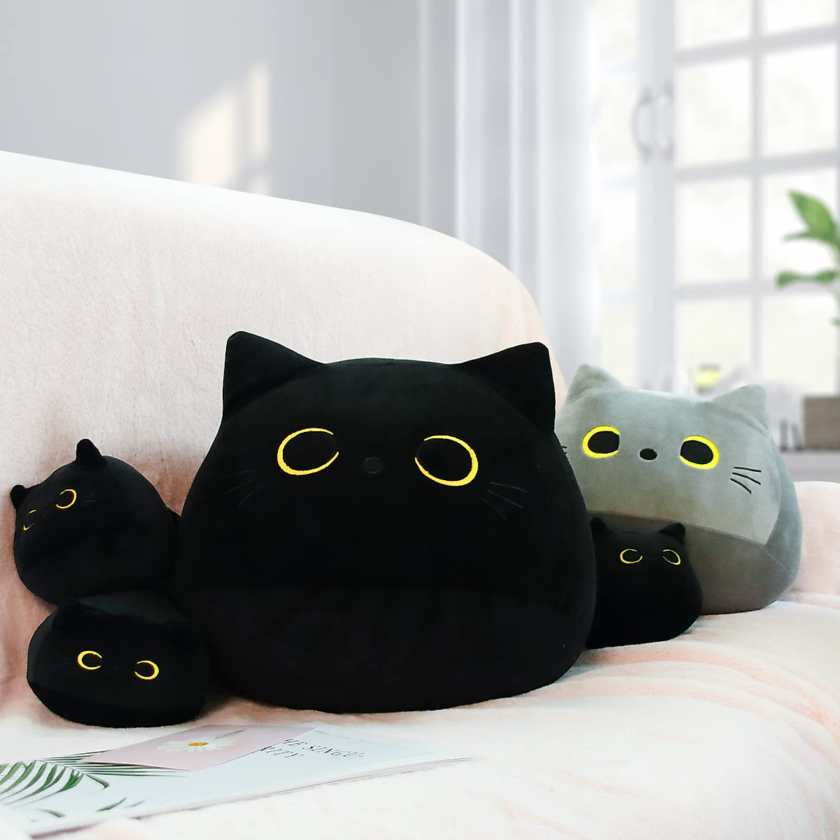 JIAJEGTGT 16Inch Black Cat Stuffed Animal Plush Toys, Cute Black Cat Plushie Pillow, 3D Soft Cat Shape Design Lumbar Back Cushion Plush Stuffed Cat Doll Toy for Kids Chirstmas Gifts