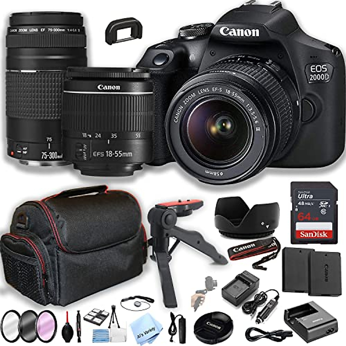 Canon EOS 2000D (Rebel T7) DSLR Camera w/EF-S 18-55mm F/3.5-5.6 Zoom Lens + 75-300mm F/4-5.6 III Lens + 64GB Memory + Case+ Steady Grip Pod + Filters + Remote + 2X Batteries + More (30pc Bundle)