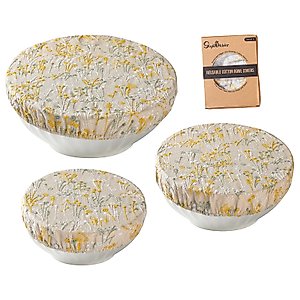 Slyitokbhr Reusable Bowl Covers for Bread Proofing Baking Embroidered Dandelion Linen Cotton Cloth Fabric Washable with Elastic Cover for Food Fruit Salad Eco-friendly (Beige Dandelion)