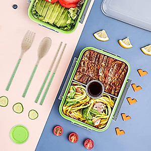 DANIA & DEAN Lunch Container Bento Box, Large 54-oz Salad Bowl, Leak-proof Stackable Tray with 2-oz Sauce Container to Go for Adult, Reusable Utensil Set Included, BPA-Free (Green)