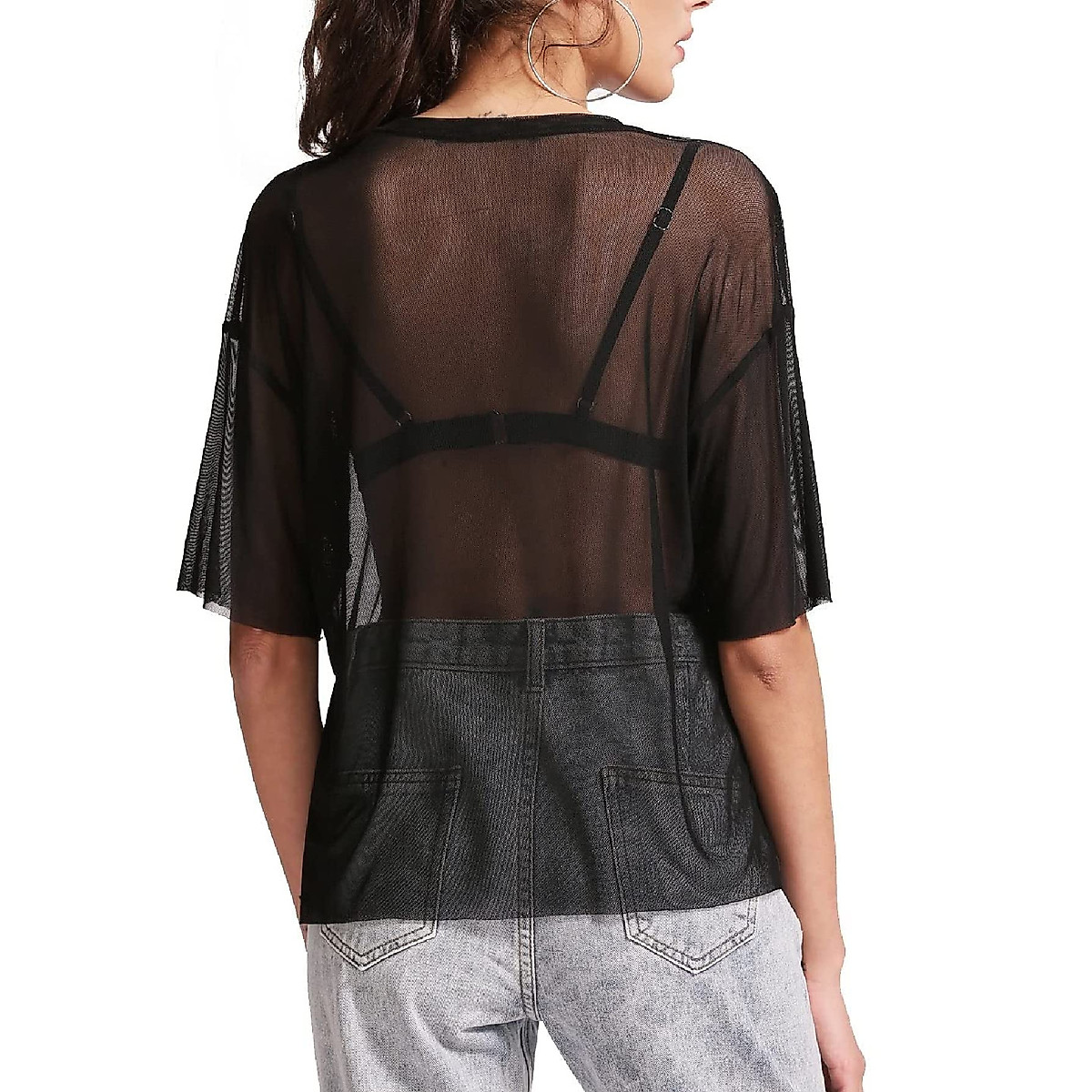 MakeMeChic Women's Summer Short Sleeve Tops See Through Mesh Sheer Sexy T Shirt Blouse A Black M