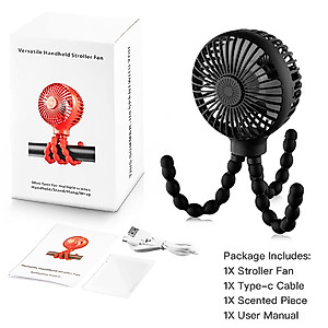 AGWIM Baby Fan for Stroller, Battery Operated Handheld Fan, Rechargeable Desk Fan with 3 Speeds & Led Light & Aromatherapy, Flexible Tripod Clip On Fan for Car Seat Crib Bike Treadmill (Black)