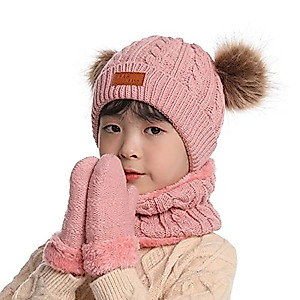 Duoyeree Baby Winter Hat Warm Scarf Gloves Set Pom Knitted Beanie Mitten Scarves for Toddler Girl Boy Pink