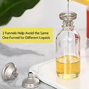 6 Pack, 4 oz Small Clear Glass Bottles with Lids & 2 Stainless Steel Funnels - 120ml Boston Sample Bottles for Potion, Juice, Wellness, Ginger Shots, Whiskey, Liquids - Mini Travel Essential Bottles