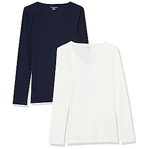 Amazon Essentials Women's Slim-Fit Layering Long Sleeve Knit Rib V-Neck (Available in Plus Size), Pack of 2, White/Navy, 3X