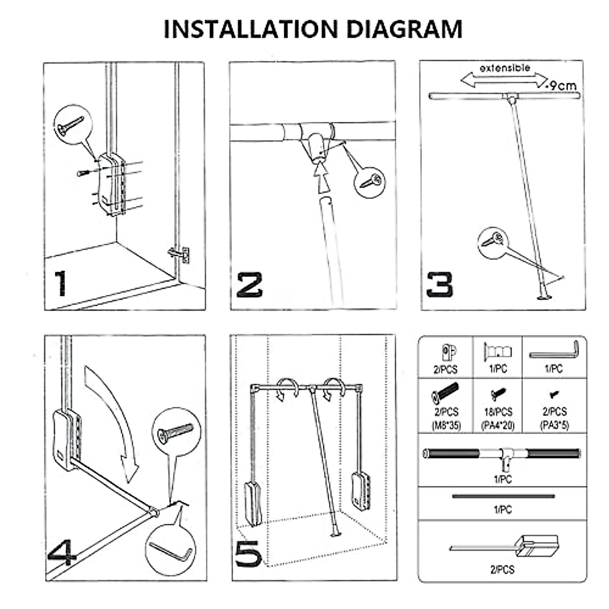 mellifuous Pull Down Closet Rod, Retractable Heavy Duty Rods Hanging Clothes, Adjustable Extender Rod Wardrobe Lift Aluminium 35''-47.2'', 30 lbs Load Capacity, black, 35''-47.2'' (890-1200mm)